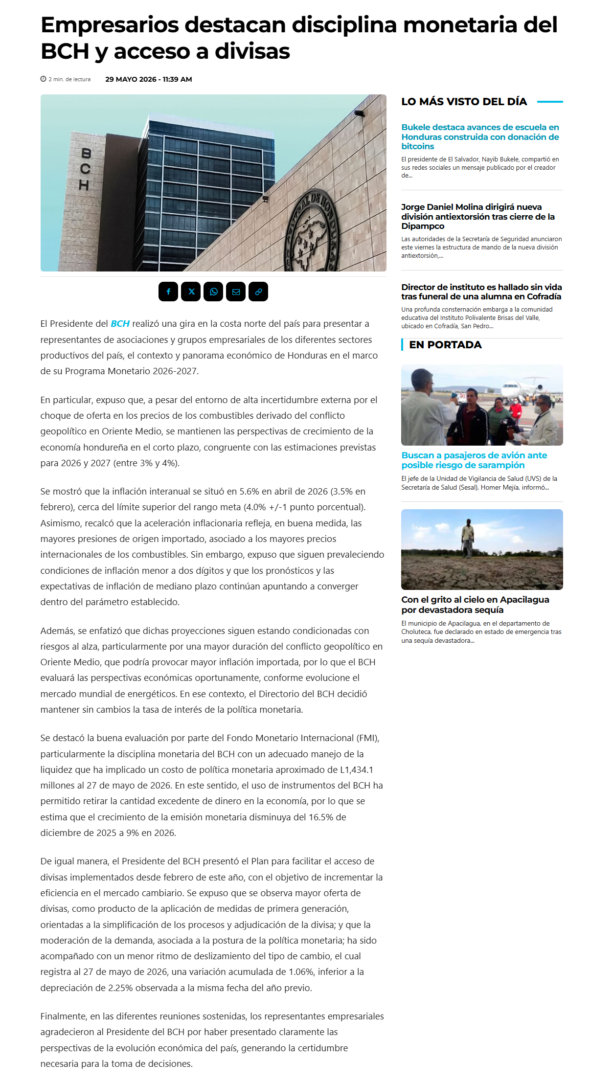 EMPRESARIOS DESTACAN DISCIPLINA MONETARIA DEL BCH Y ACCESO A DIVISAS
